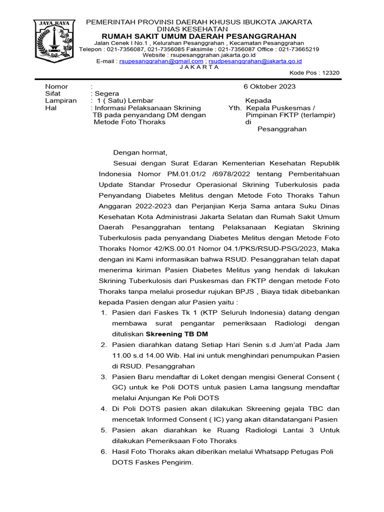 Surat Direktur Ke FKTP Untuk Program DM TB TH 2023 | PDF