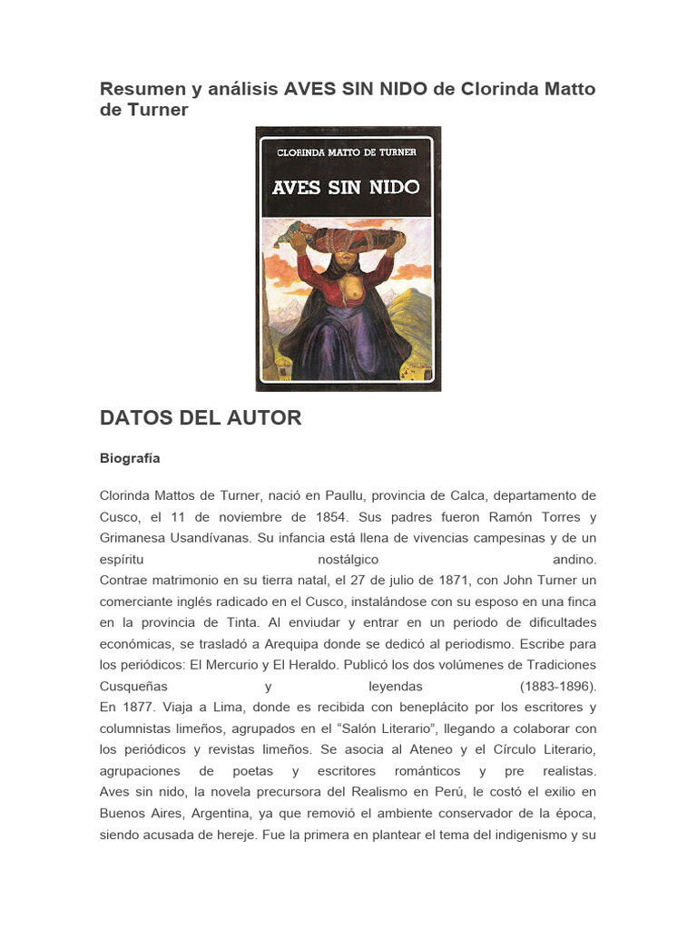 Resumen y Análisis AVES SIN NIDO de Clorinda Matto de Turner | PDF