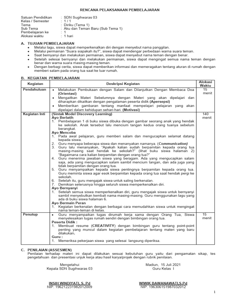 Wiwik - RPP Kelas 1 Tema 1 New | PDF