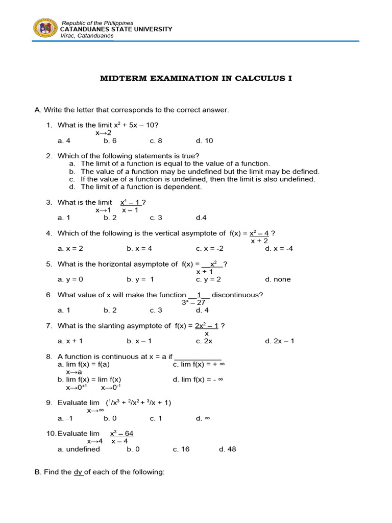 Calculus I Midterm Examination | PDF