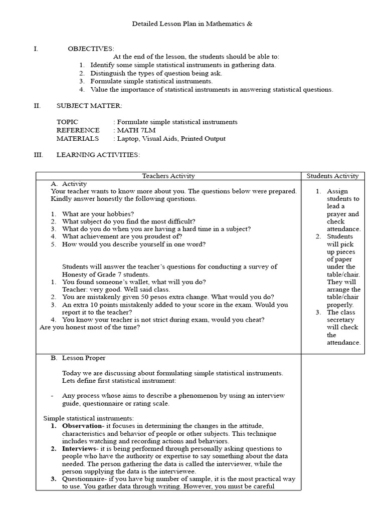 Detailed Lesson Plan in Mathematics | PDF | Self-Improvement | Science ...