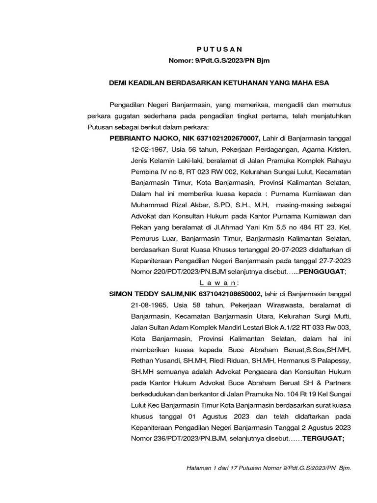 Salinan Putusan 9 PDT G S 2023 PN BJM | PDF