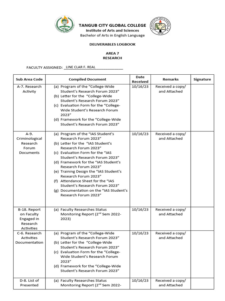 Deliverables Logbook AREA 7 | PDF