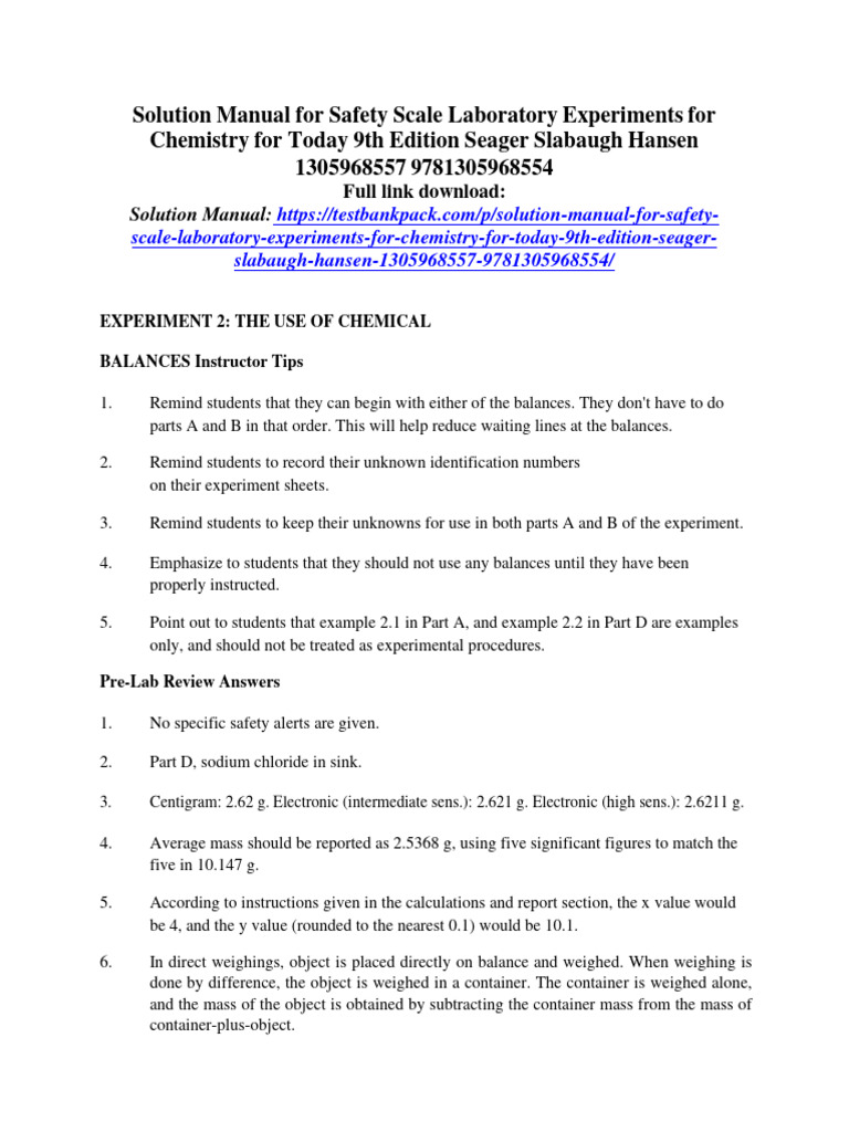 Solution Manual For Safety Scale Laboratory Experiments For Chemistry For Today 9th Edition ...
