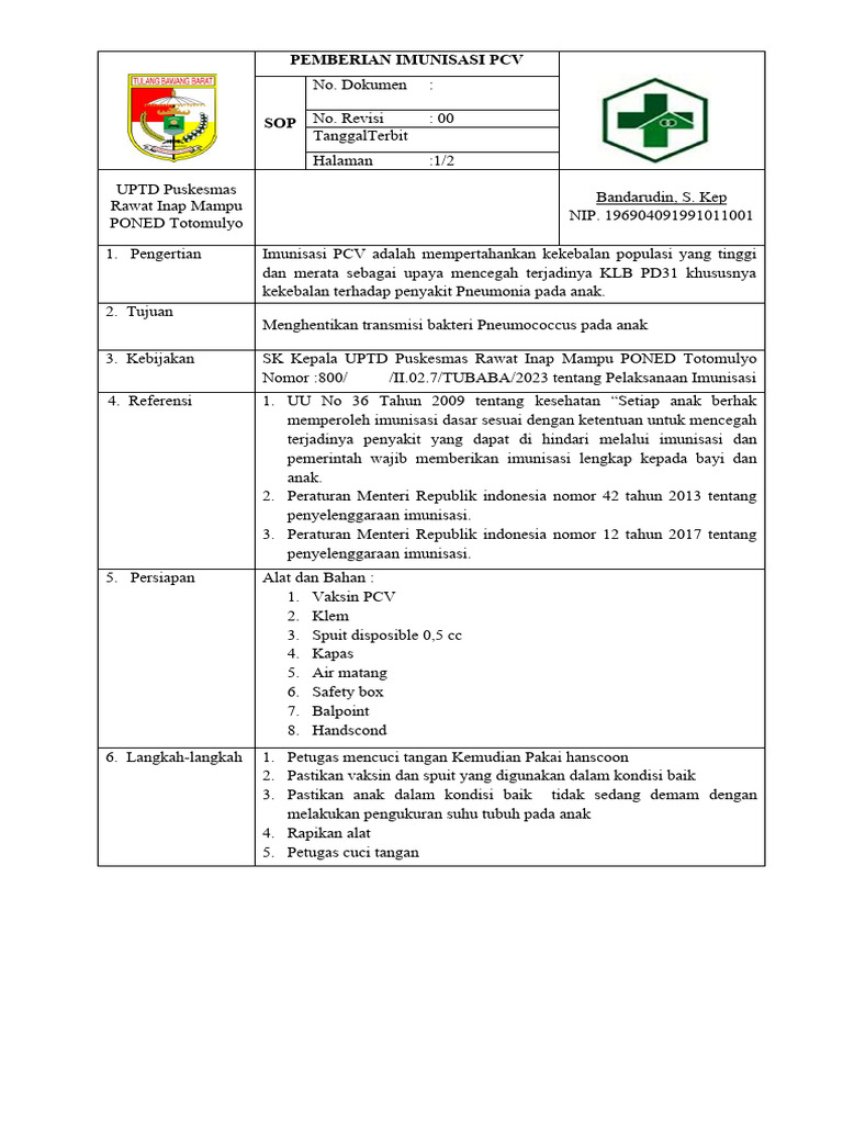 Sop Pemberian Imunisasi PCV | PDF