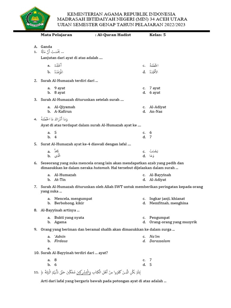 Soal Alquran Hadist Kelas 5 Sem Genap 2022 2023 | PDF