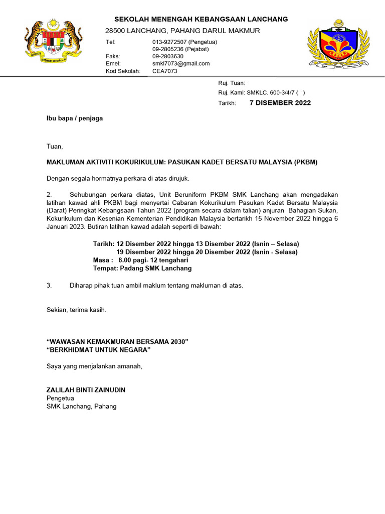 Surat Makluman Aktiviti Sekolah (PKBM) | PDF