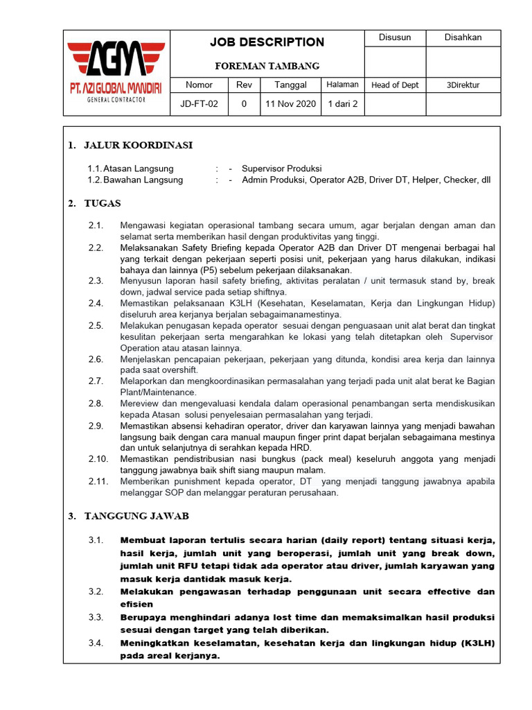 Tugas dan Tanggung Jawab Foreman Tambang | PDF