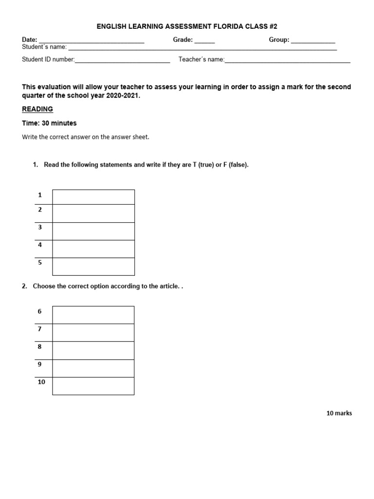 Florida Reading Answer Sheet Class 2 | PDF