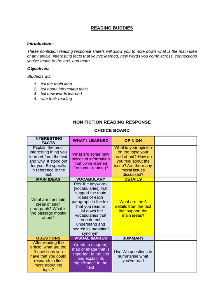 Reading Buddies Tasks | PDF