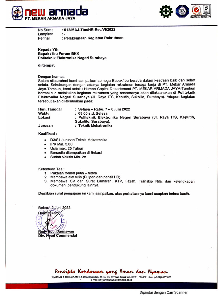 Surat Pengantar Rekrutmen - PT NEW ARMADA | PDF