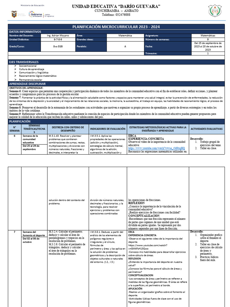 PLANIFICACION 8vo A MATEMATICA | PDF
