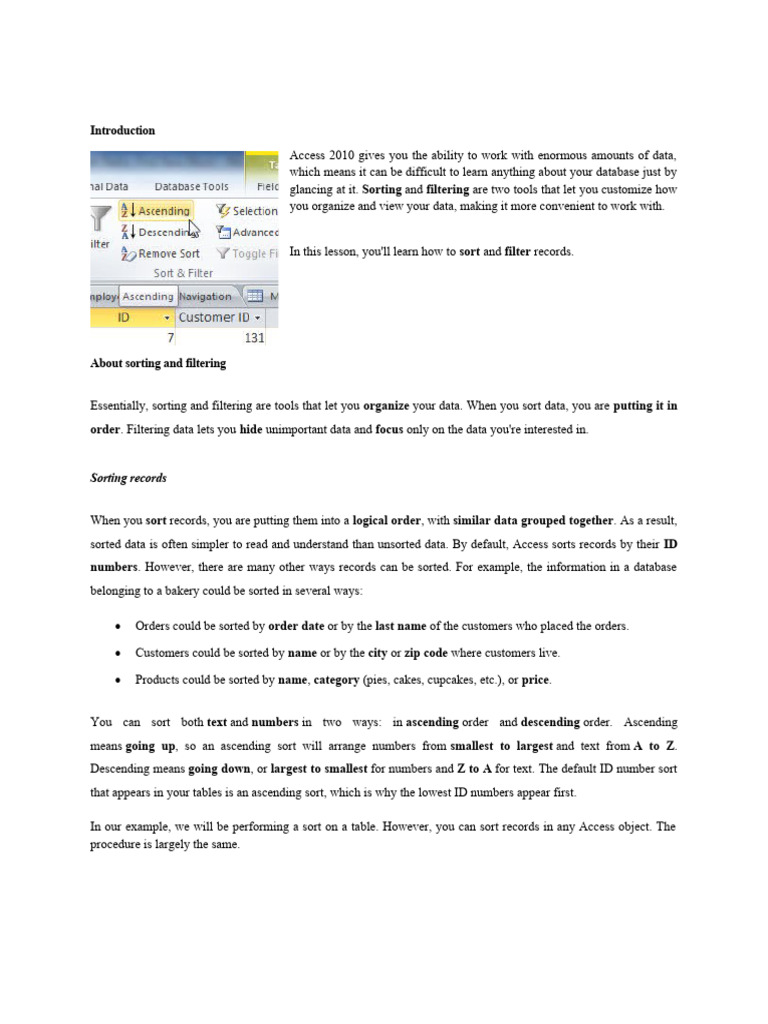 Lesson 7 Sorting and Filtering Records | PDF