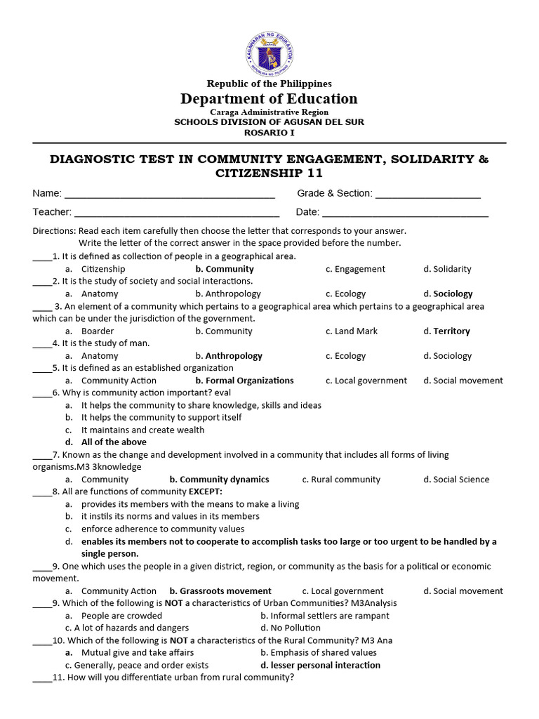 Community Engagement Solidarity and Citizenship Diagnostic Test | PDF Community Engagement Solidarity and Citizenship Diagnostic Test | PDF