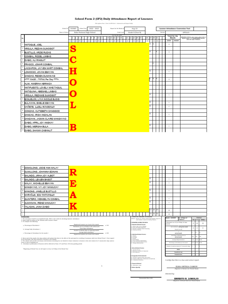 S C H O O L B R E A K: School Form 2 (SF2) Daily Attendance Report of ...