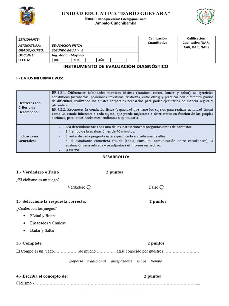 Instrumento de Evaluación Diagnóstico 2DO BGU A Y B | PDF