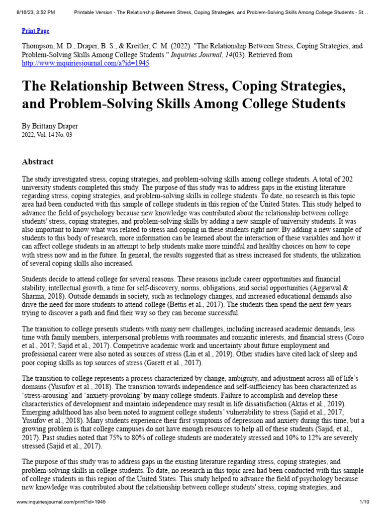 The Relationship Between Stress, Coping Strategies, and Problem-Solving ...