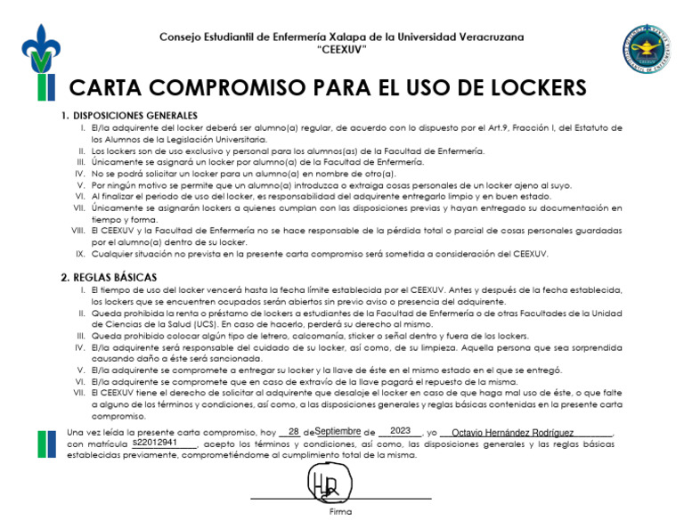Carta Compromiso para El Uso de Lockers | PDF