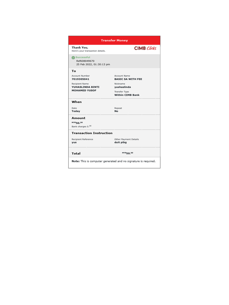 CIMB Bank Transfer Confirmation | PDF