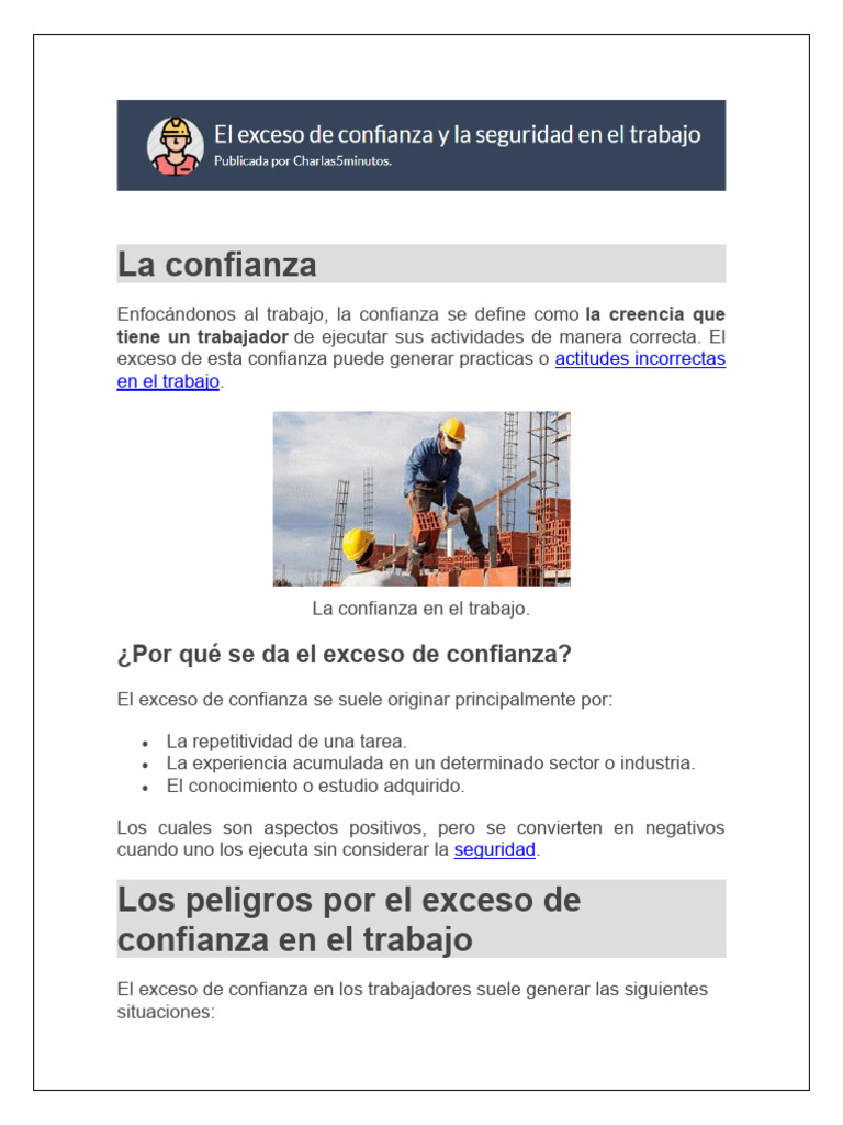 El Exceso de Confianza y La Seguridad en El Trabajo | PDF