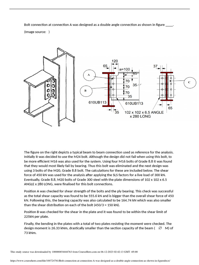 Bolt Connection at Connection A Was Designed As A Double Angle ...