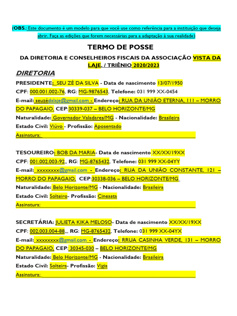Termo de Posse da Diretoria da Associação | PDF