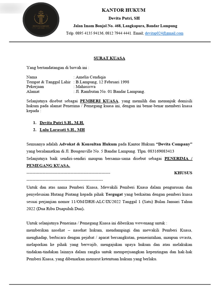 Contoh Surat Kuasa Advokat Baik Dan Bena | PDF