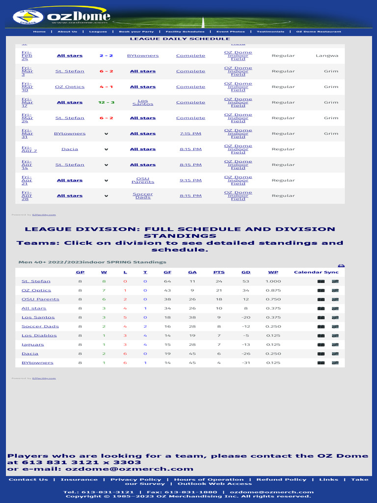 League Daily Schedule The OZ Dome | PDF