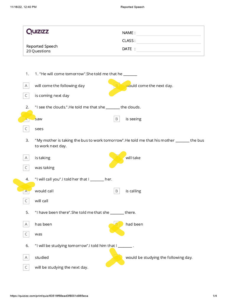 Reported Speech Quiz: 20 Questions | PDF