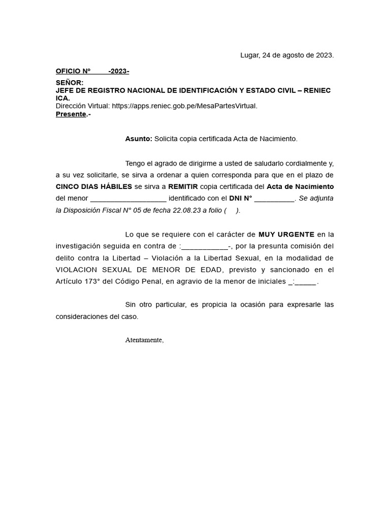 Oficio Solicita Acta de Nacimiento | PDF