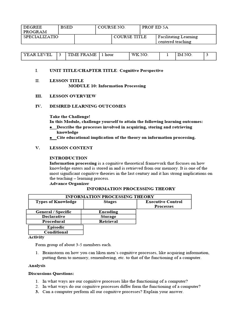 Information Processing Theory (Module 10) | PDF