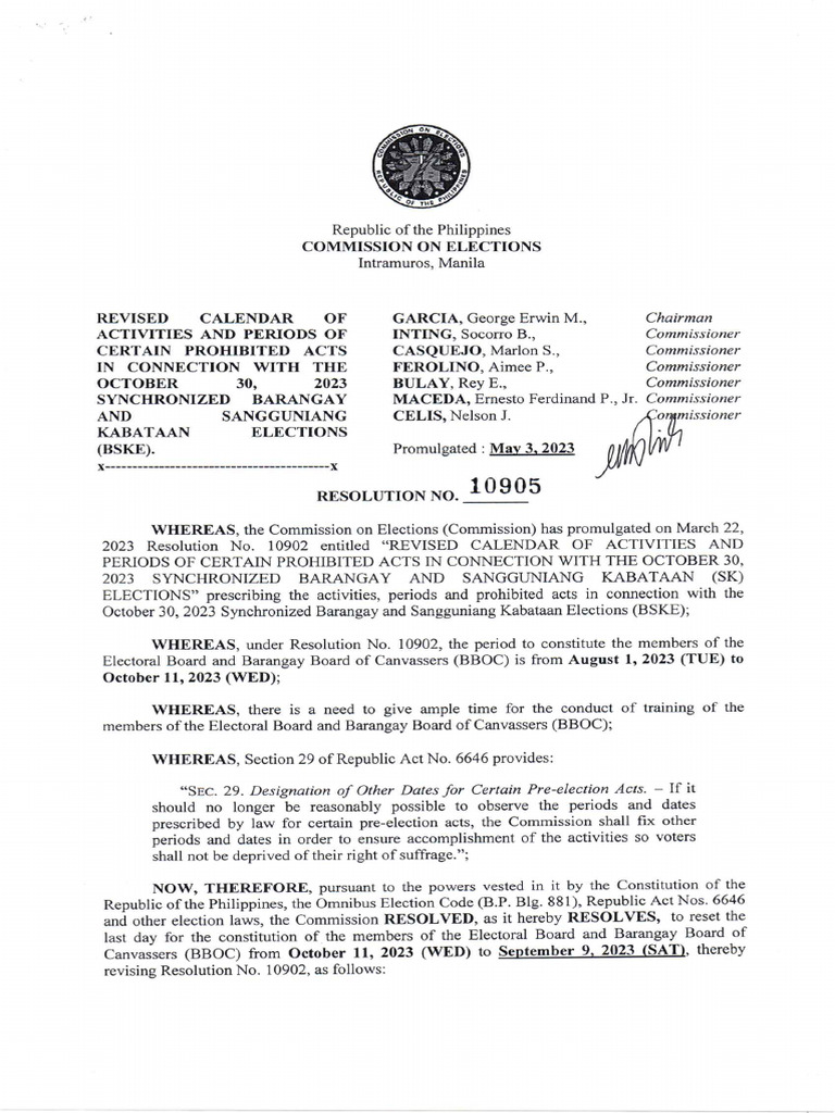 COMELEC Reso No. 10905 - Calendar of Activities | PDF COMELEC Reso No. 10905 - Calendar of Activities | PDF
