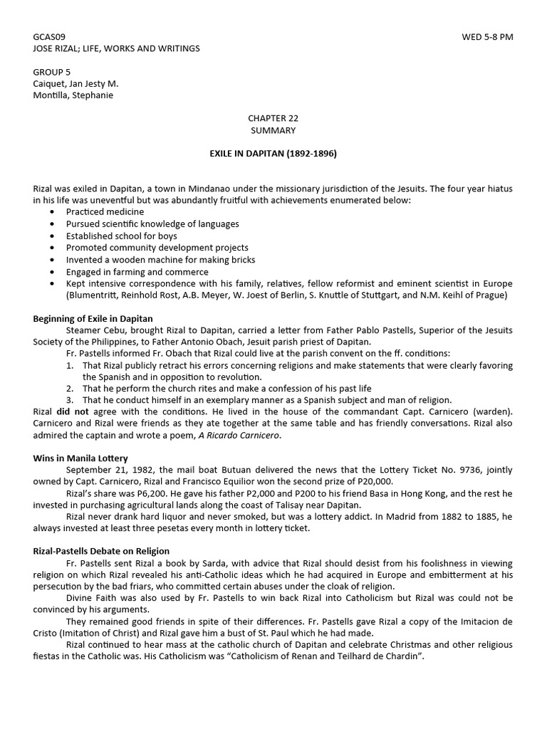 Summary Group5 - Topic1 - Exile in Dapitan | PDF