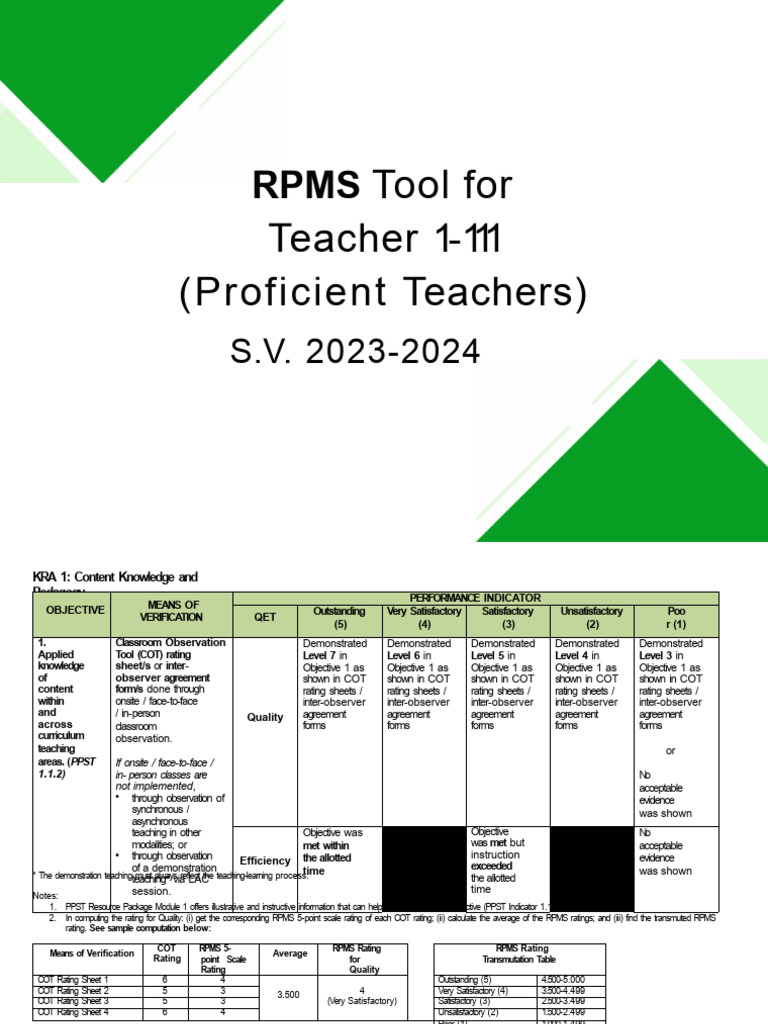 Annex A2 RPMS Tool For Proficient Teachers SY 2023-2024 | PDF