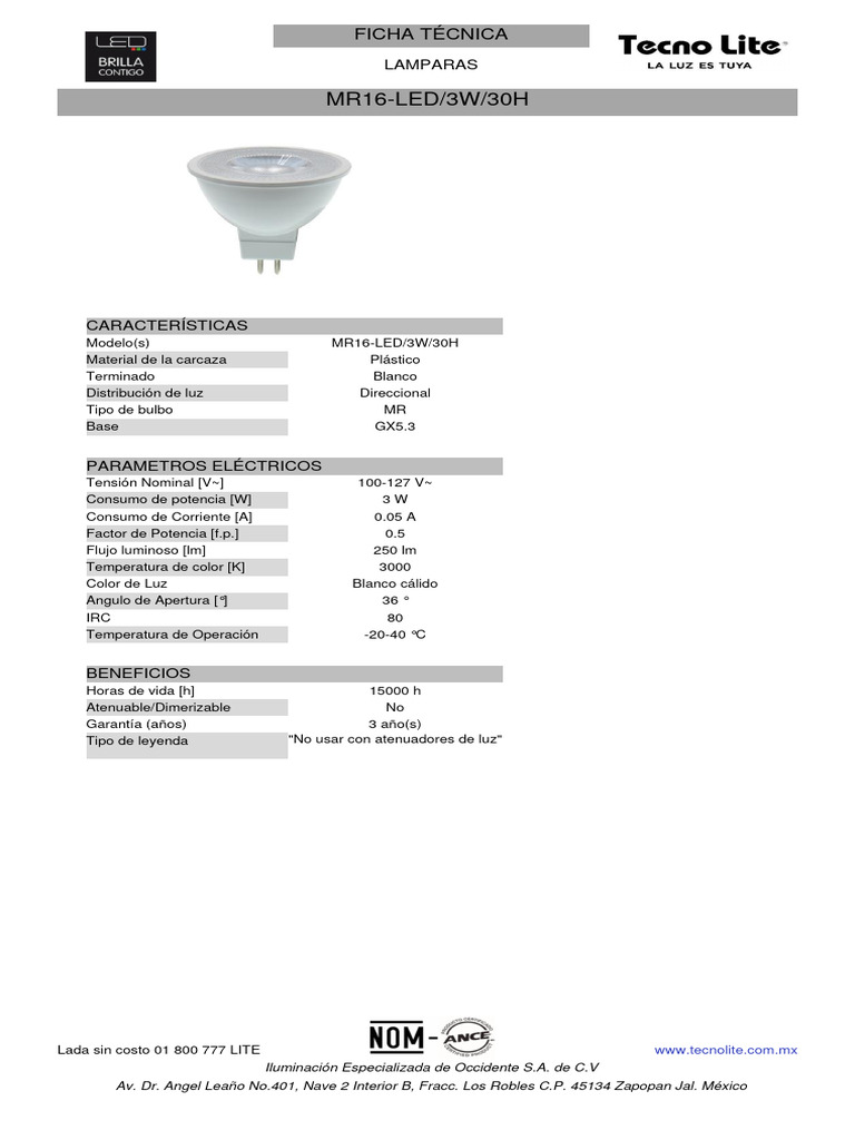 Ficha Técnica MR16-LED 3W 30H | PDF