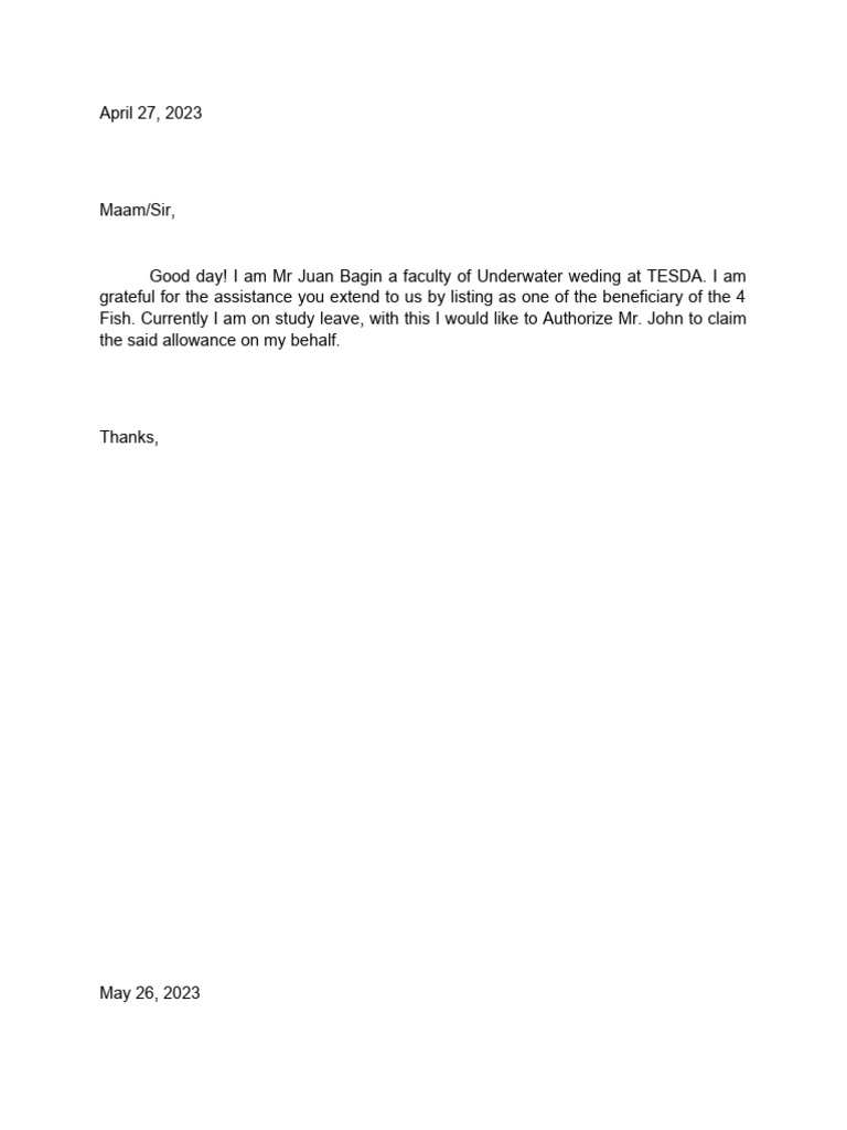 Authorization Letter for Allowance Claim | PDF | Wellness