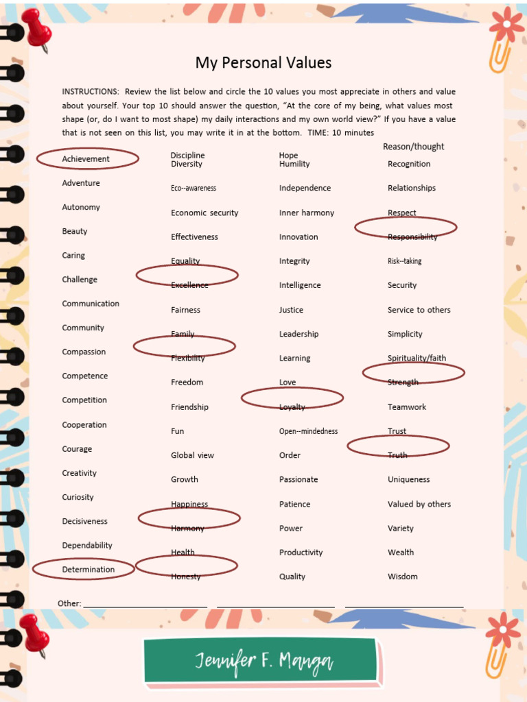 My Personal Values List | PDF | Social Psychology | Cognition