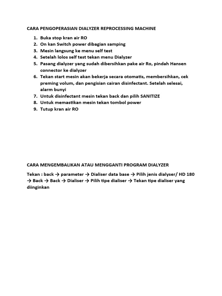 Cara Pengoperasian Dialyzer Reprocessing Machine | PDF