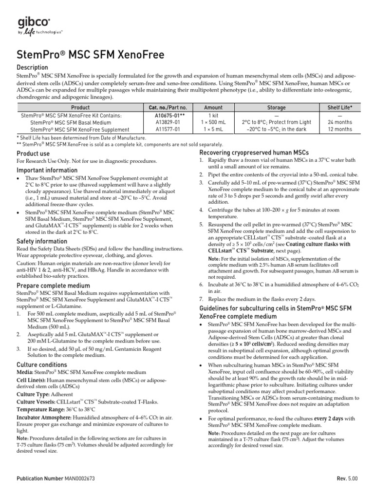 TFS-Assets LSG Manuals StemPro MSC SFM XenoFree Man | PDF
