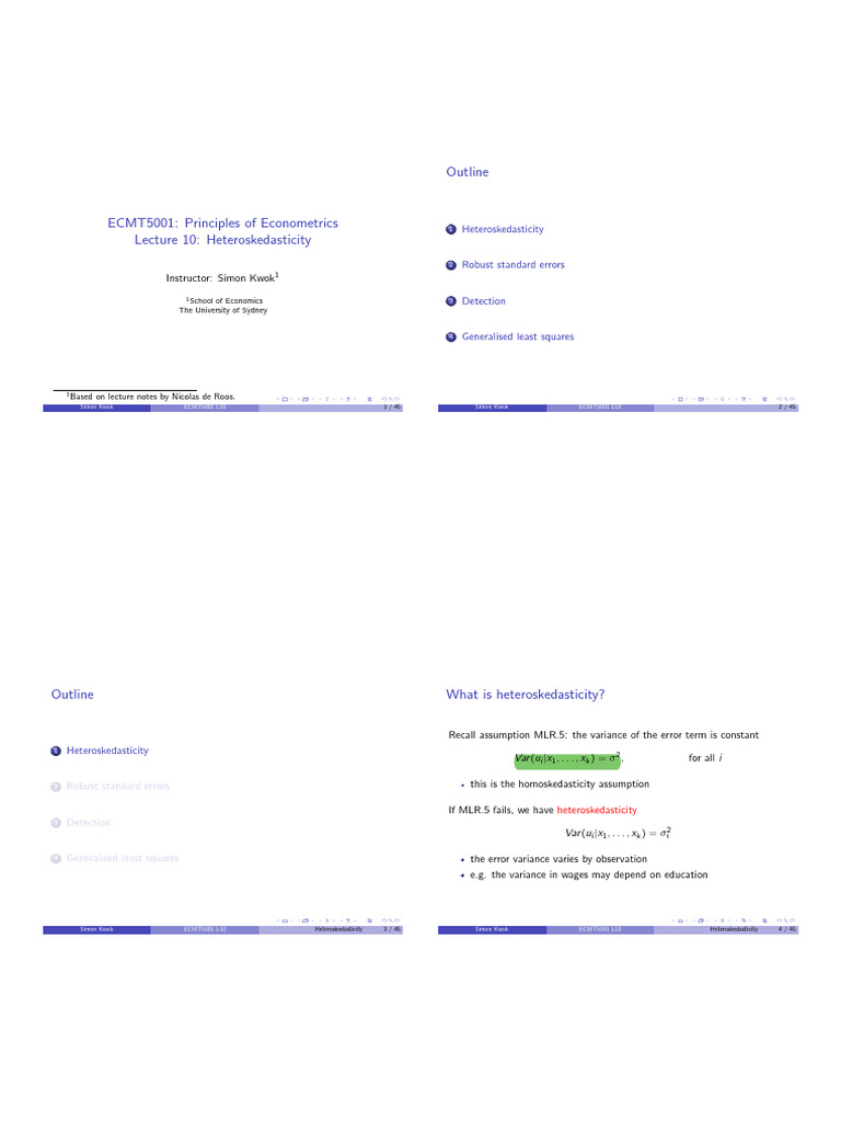 Lecture 10. Homoskedasticity | PDF | Ordinary Least Squares | Errors And Residuals