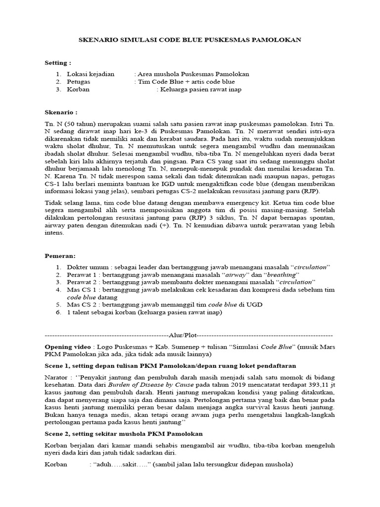 Skenario Simulasi Code Blue Puskesmas Pamolokan | PDF
