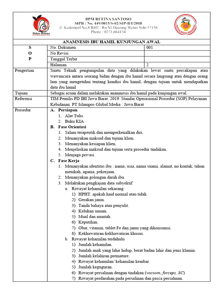 SOP Pelayanan Kebidanan PMB. Rufina Santoso | PDF