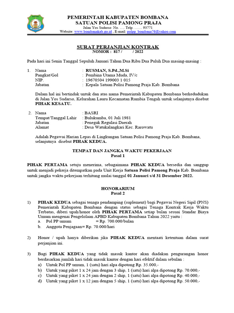 Kontrak Kerja Tenaga Kontrak Bombana | PDF