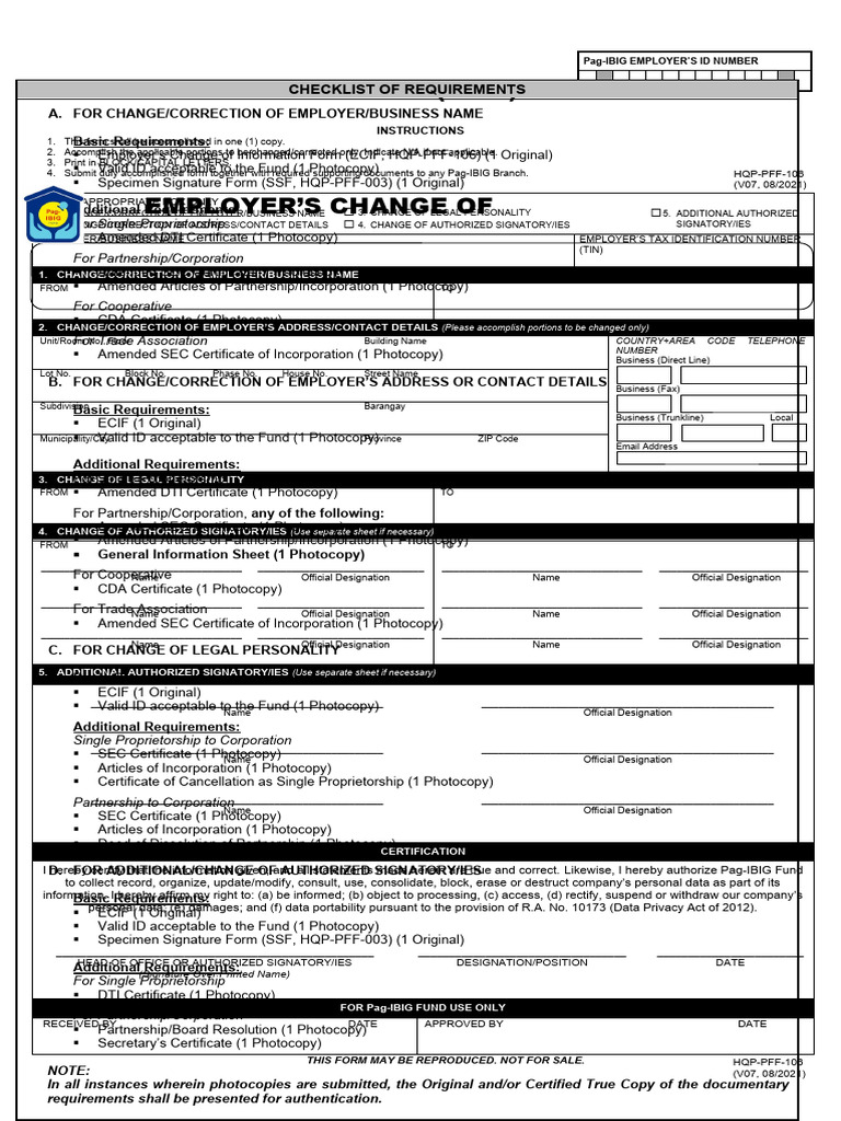 Pag-IBIG Employer Change Form HQP-PFF-106 | PDF | Finance & Money ...