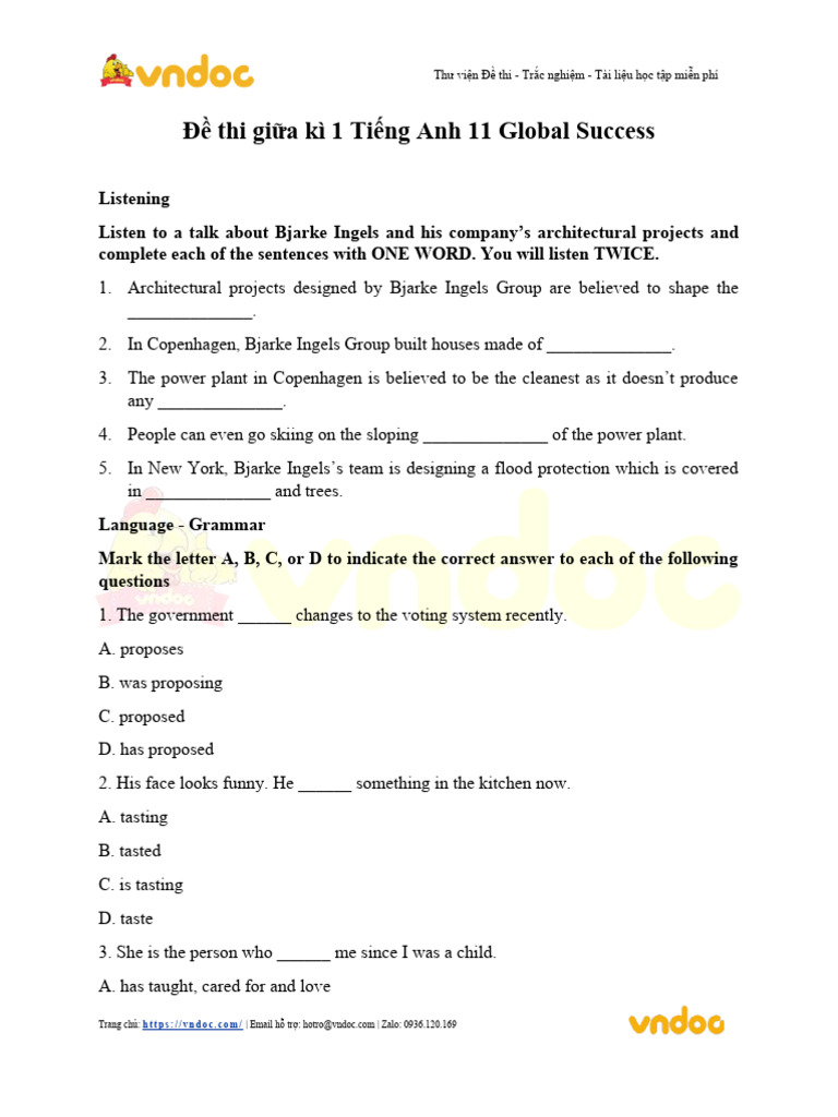 De Thi Giua Ki 1 Tieng Anh 11 Global Success | PDF