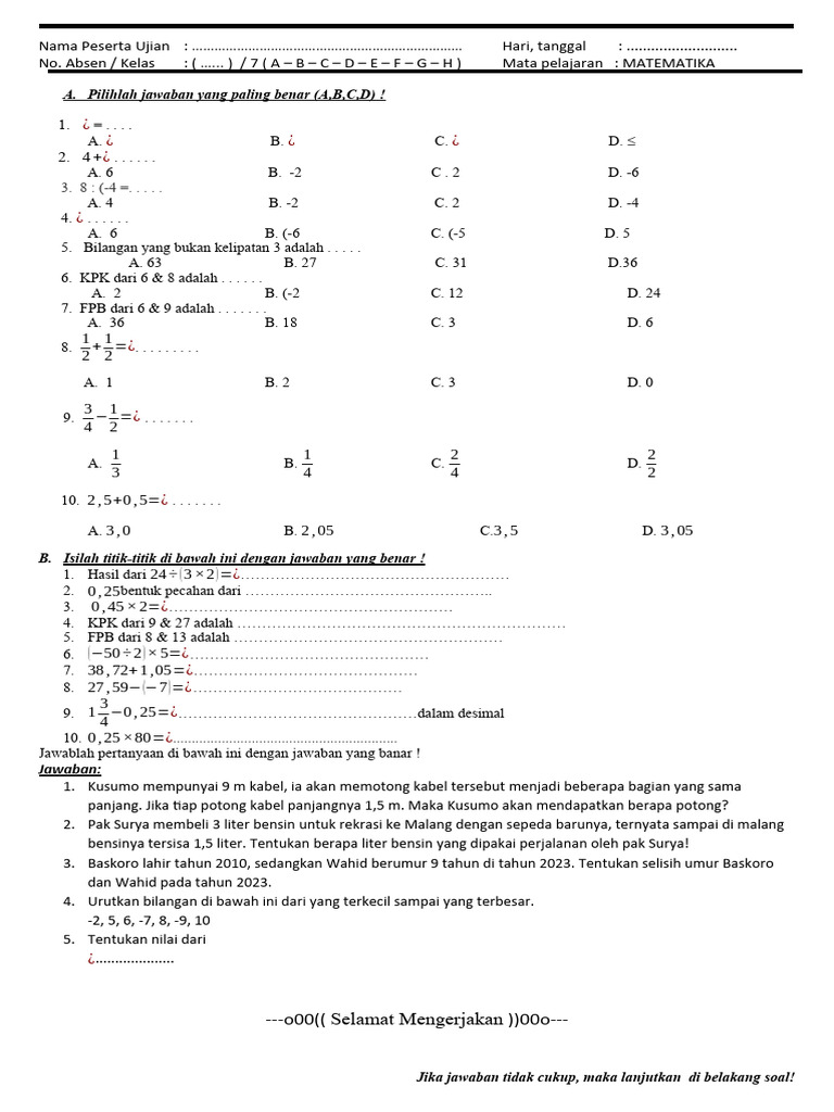 Soal Pts MTK SMP Kelas 7 | PDF