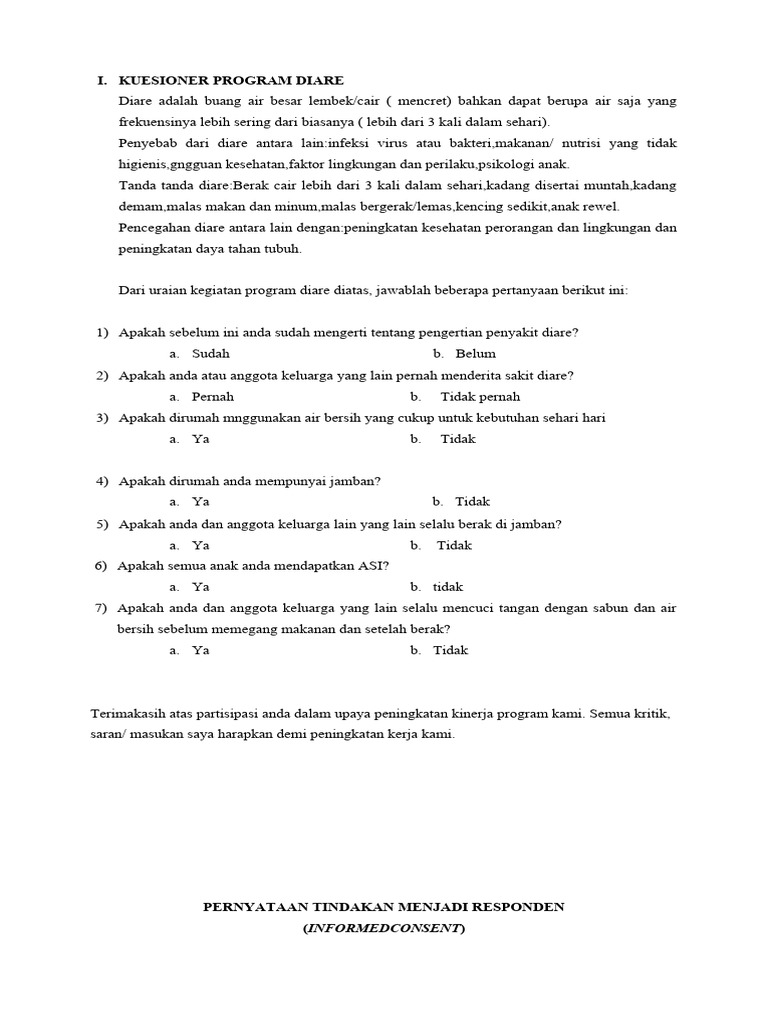 Kuesioner Diare | PDF | Kesehatan Holistik | Gaya Hidup