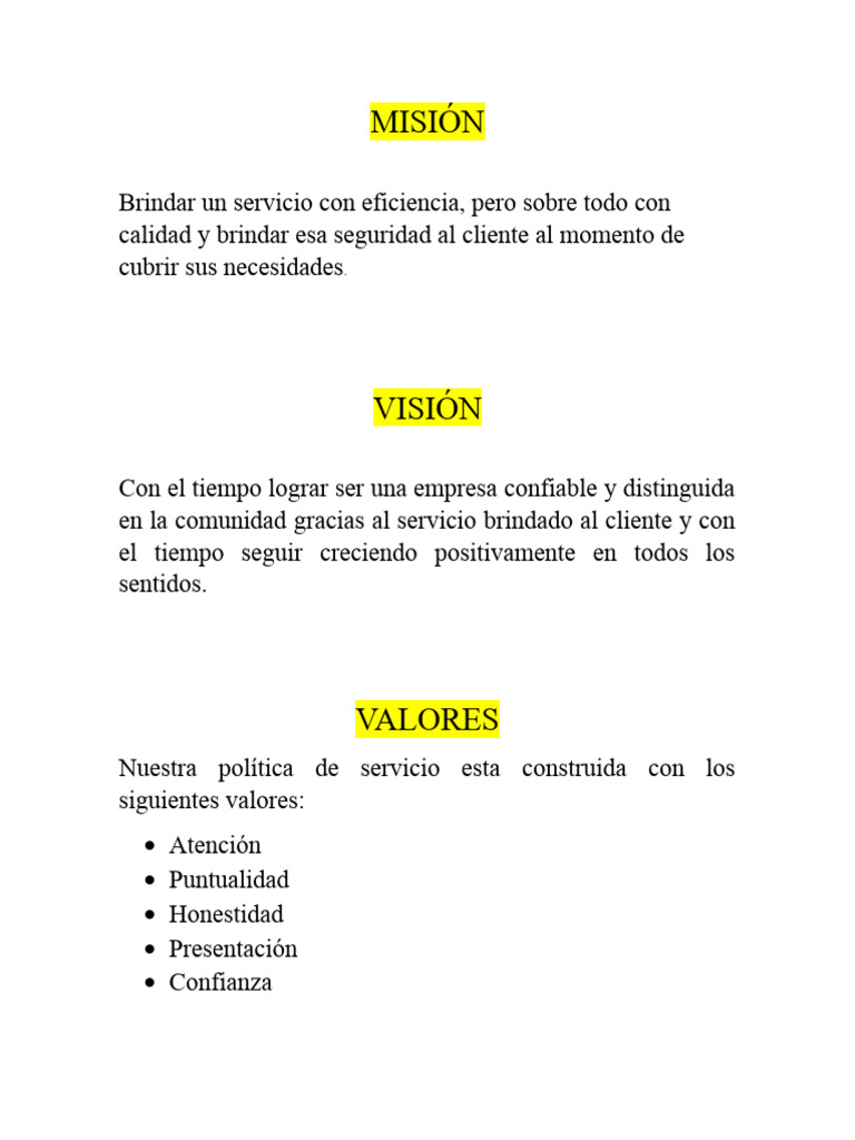 Mision Vision Valores | PDF | Negocios