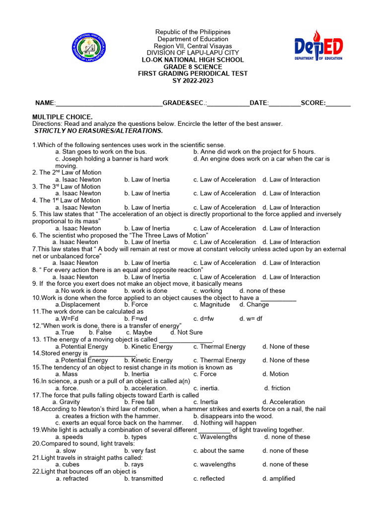 Grade 8 Science First Quarter Test | PDF