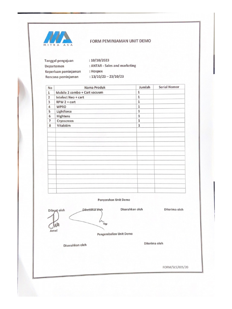 Form Peminjaman Unit Demo | PDF